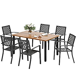 SUNSHINE VALLEY Patio Dining Sets 7 PCS, 6 x Patio Dining Rhombus Chairs Metal Material Teak Color Table Top Rectangular Dining Table with 1.57” Umbrella Hole for Outdoor Kitchen Lawn Garden,Deck.