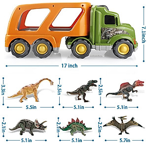 GONGDAO Dinosaur Truck Toy-Toy Truck & 6 Dinosaur Toys, Toys for 3 4 5 6 7 Year Old Boys and Girls Kids Toddlers, Toy Vehicle with Sound & Light, Friction Powered, Ideal Gifts