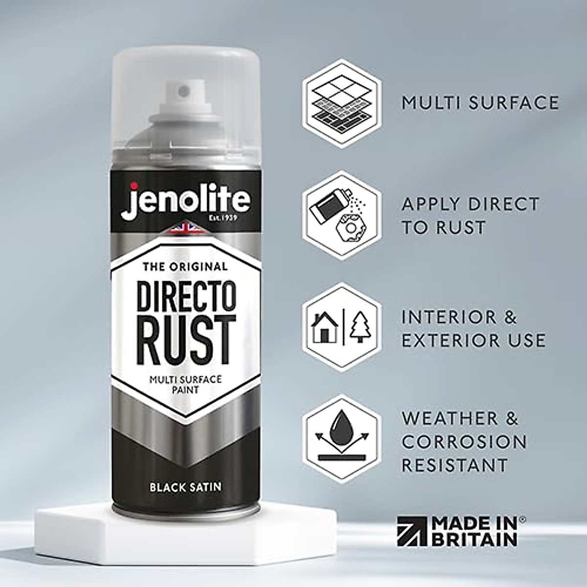 JENOLITE Directorust Satin Spray Paint | BLACK | 400ml (13.52fl oz) | Semi-Gloss Spray Paint | Wood, Metal, Plastic, Ceramic & Rusted Surfaces | Interior & Exterior Use | RAL 9005