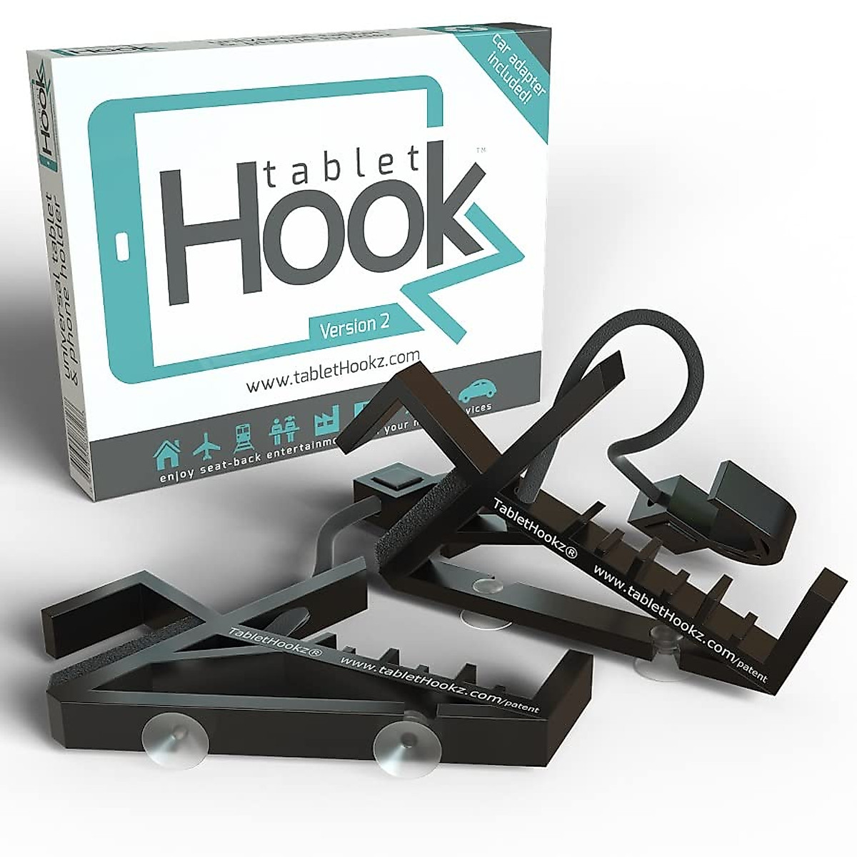 TabletHookz Plane, Train, car Phone and Tablet seat Back Holder, Table Clip and Phone Stand v2 Include securing Feature to Keep Your Device Secure, Compatible with iPhone, iPad, Tablets, Readers