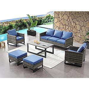 HUMMUH 6 Piece Patio Furniture All Weather Wicker Outdoor Sectional Sofa,High Back Patio Chairs,Coffee Table and Ottomans Set for Porch,Garden,Backyard