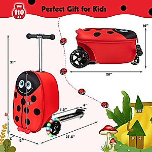 HONEY JOY Kids Scooter Suitcase, 18” Children Carry on Scooter Luggage w/Light-up LED Wheels, Waterproof Shell & Retractable Handle, Lightweight Foldable Ride on Suitcase for Kids Boys Girls(Red)
