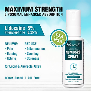 Ebanel 5% Lidocaine Spray Pain Relief Numb520 Burn Itch Relief Numbing Spray for Skin, Topical Anesthetic Postpartum Hemorrhoid Treatment with Phenylephrine for Local and Anorectal Uses