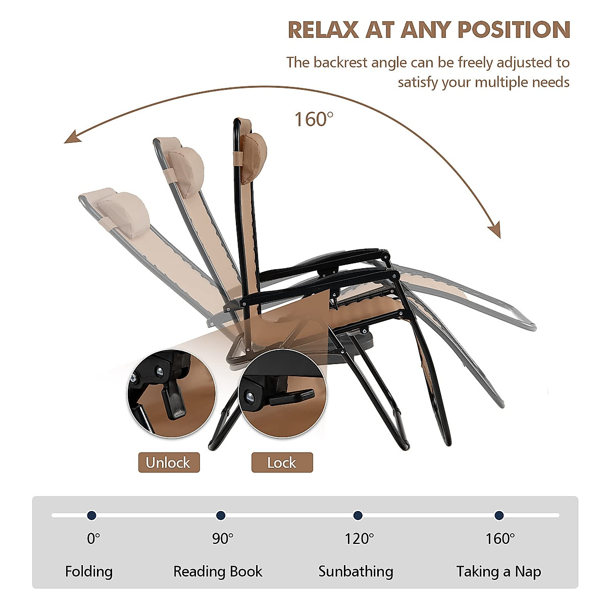 S AFSTAR Folding Reclining Lounge Chair, Outdoor Zero Gravity Recliner W/Side Tray & Detachable Headrest Pillow, Heavy-Duty Steel Frame, Reclining Folding Chair for Poolside, Backyard (1, Beige)