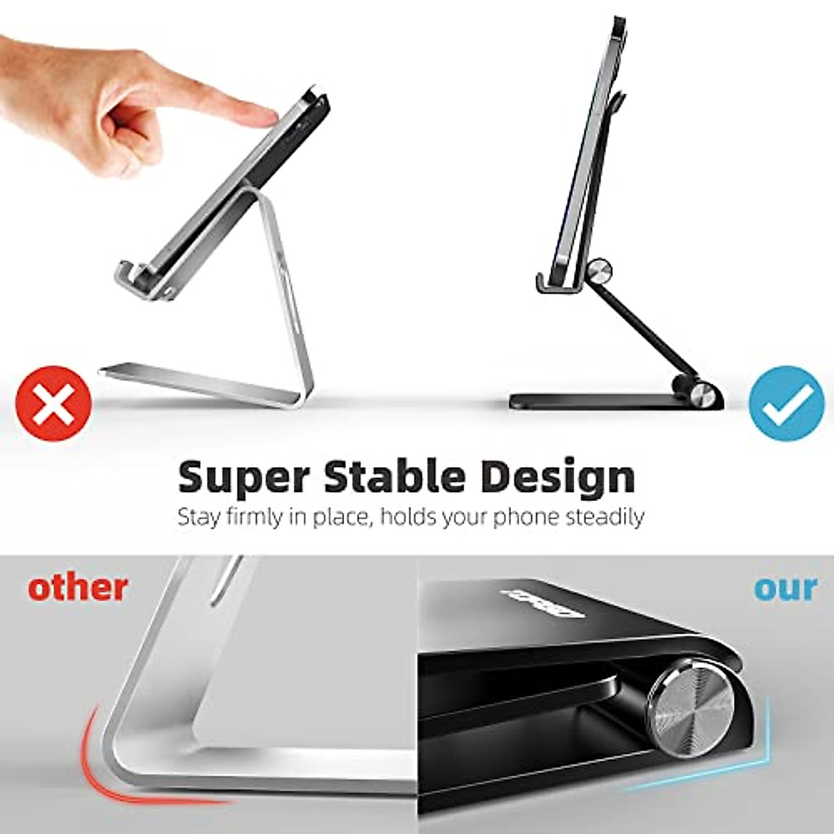 TOPGO Cell Phone Stand, [Stable & Height Adjustable] Foldable Cellphone Holder for Desk, Office Desktop, Bedside Table, Compatible with iPhone 14/Samsung/Smartphones/iPad Mini/Kindle (Black)