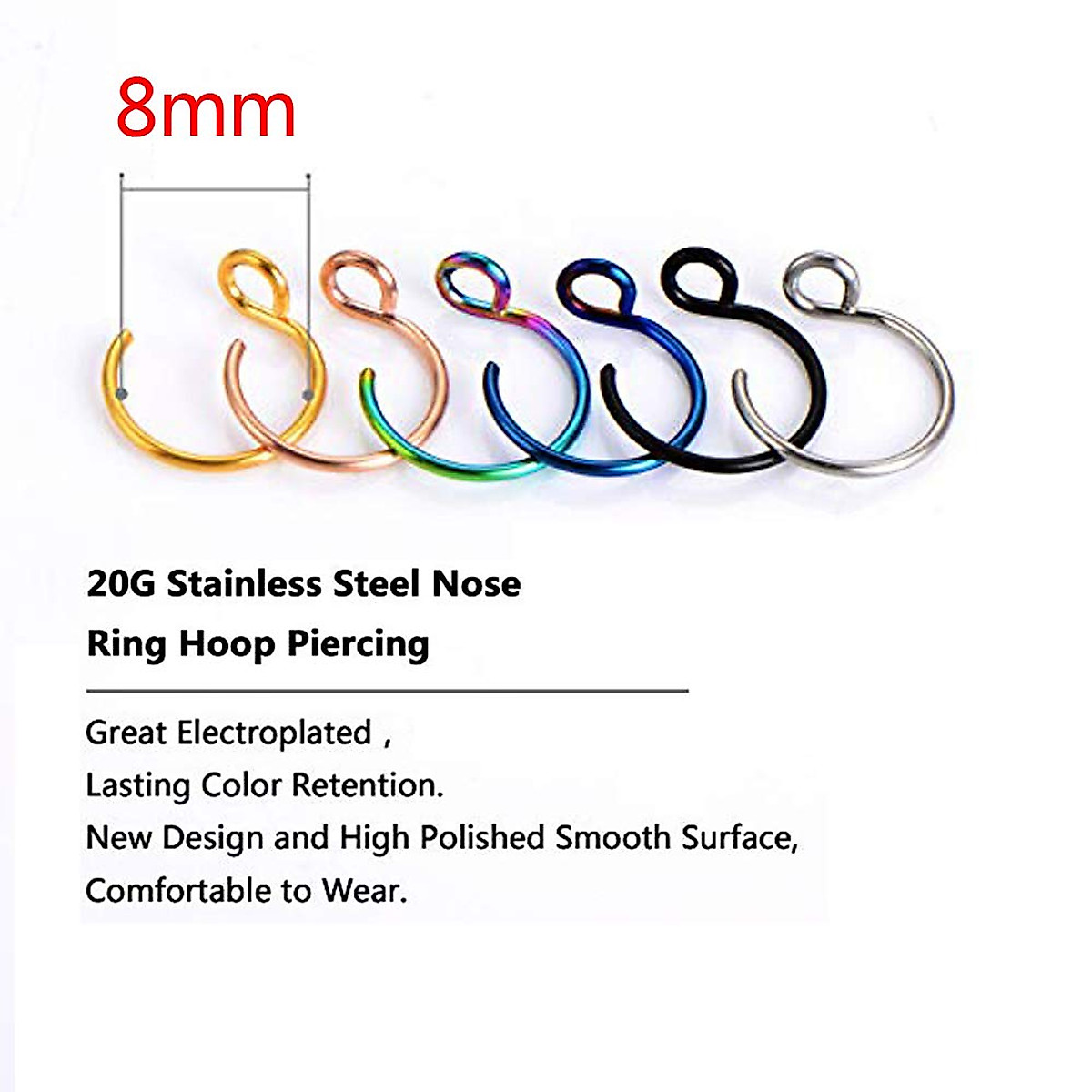 20G Stainless Steel Nose Rings 8mm Nose Cuff Piercing Jewelry Hoop for Faux Lip Septum Boby Piercing (6 pcs)
