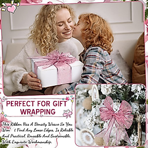 MTLEE 2 Rolls 20 Yards Valentine Ribbon Wired Pink Metallic Glitter Lace Ribbon for Xmas Crafts Floral Bow Making DIY Gift Wrapping Wedding Party Decor(2.5 Inch)