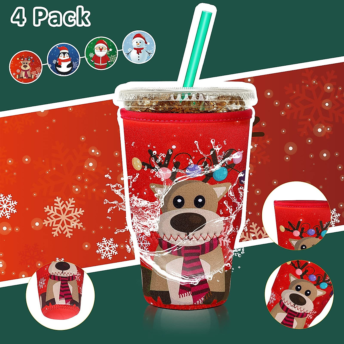 Patelai 4 Pieces Christmas Reusable Coffee Sleeve Cup Insulator for 30-32 oz Cold Drinks Beverages and Holder for Most Coffee