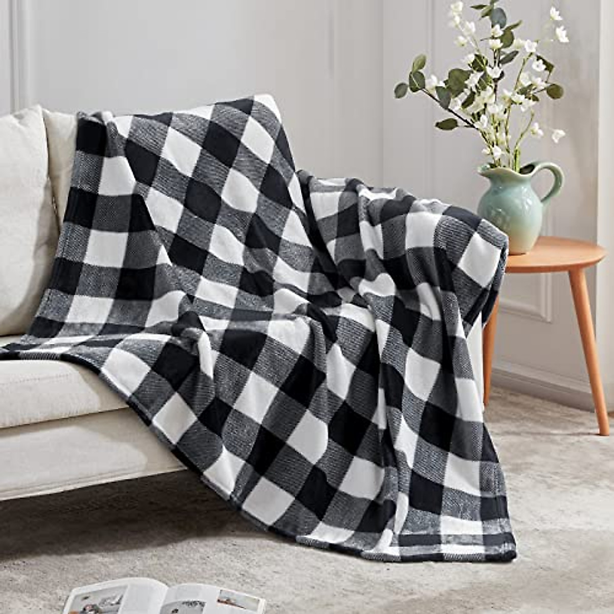 Touchat Fleece Throw Blankets, Black and White Buffalo Plaid Throw Blanket for Couch Sofa Bed, Soft Warm Fuzzy Cozy Plush Checkered Blanket, Lightweight Farmhouse Decor 50" x 60"