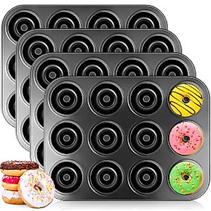 4 Pieces 12 Cavity Mini Donut Pan Nonstick Donut Pan Donut Baking Pan Doughnut Bakeware for Oven Baking Muffin Cake Dessert, Black, 13.78 x 10.24 Inches
