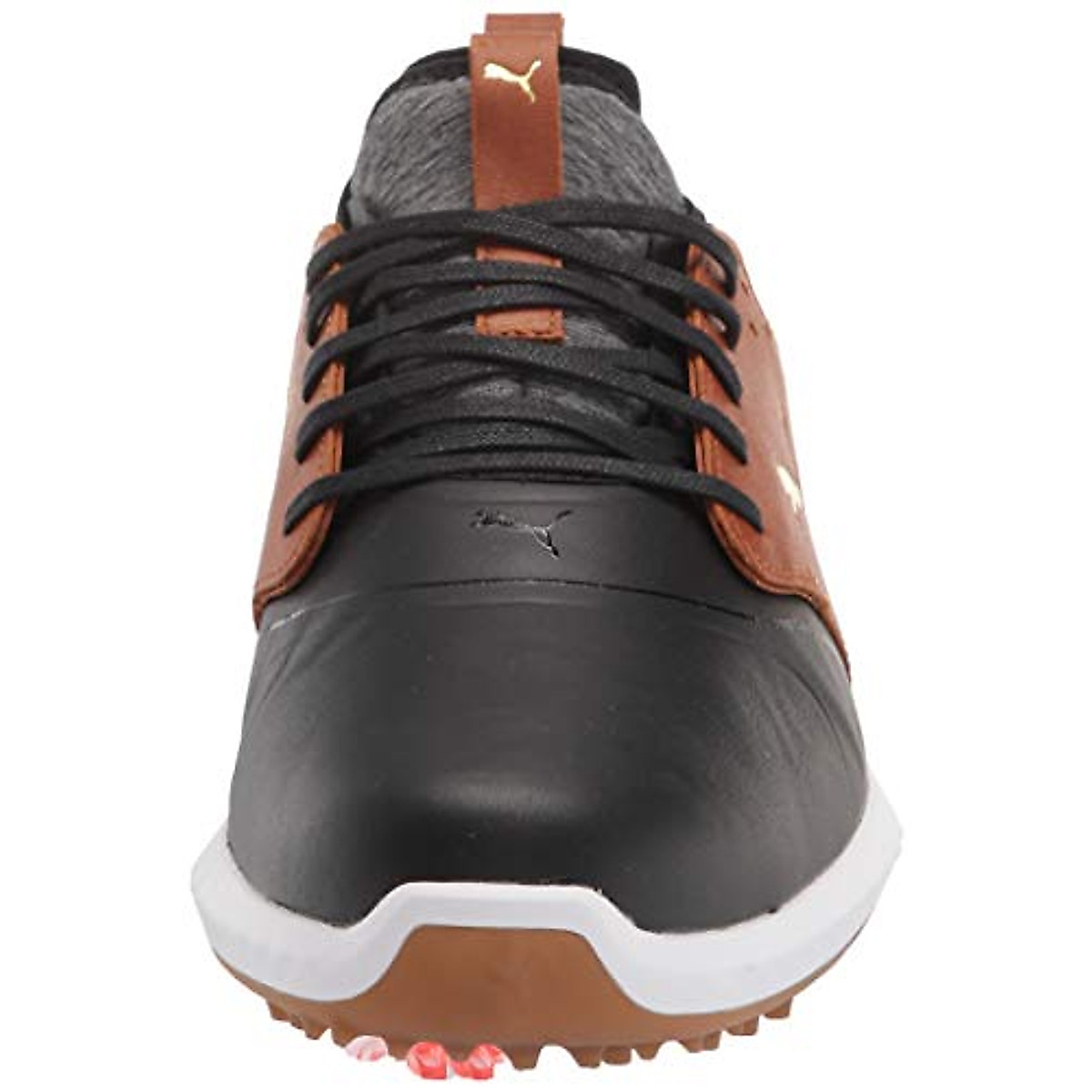 Puma Men's Ignite Pwradapt Caged Crafted Golf Shoe, Puma Black-Leather Brown-Puma Team Gold, 9