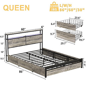 HAUSOURCE Queen Bed Frame with Storage Headboard and 4 Drawers LED Lights Metal Platform Non-Slip Without Noise Mattress Foundation Strong Metal Slats Support No Box Spring Needed,Greige