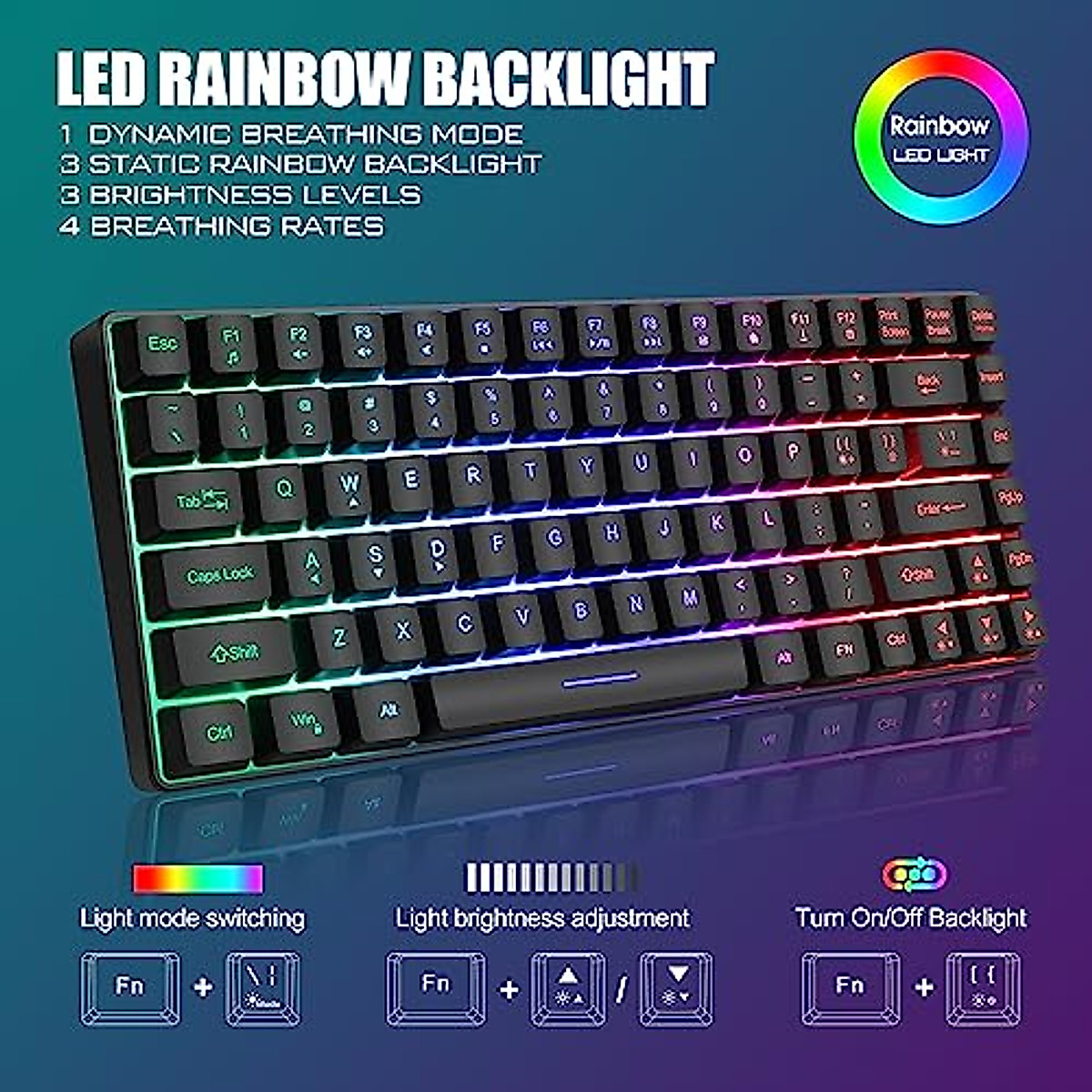 RedThunder K84 Wireless Keyboard and Mouse Combo, Rainbow LED Backlit Rechargeable Battery, 75% Layout 84 Keys TKL Ultra Compact Gaming Keyboard & Lightweight 7200 DPI Honeycomb Optical Mouse (Black)