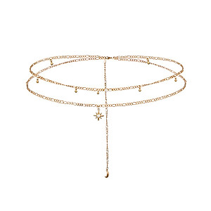 ELABEST Layered Bead Belly Chain Gold Star Waist Chains Rhinestone Body Chain Jewelry Accessories for Women and Girls (31.5+7.8inch)