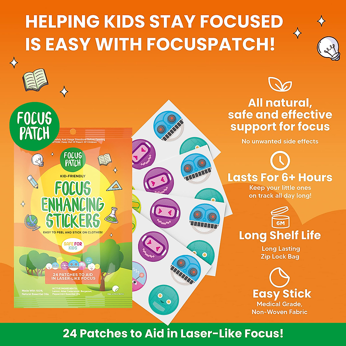 NATPAT FocusPatch (1 Pack) and ZenPatch (1 Pack) Bundle - 24 Focus Enhancing Stickers and 24 Calm Enhancing Stickers - Chemical Free, Natural Relief for Focus and Mood Support