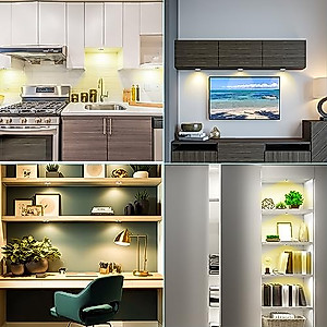 4-Pack LED Puck Lights Wired, Dimmable Display Case Lighting, Under Cabinet Puck Lights with Memory Function, Warm White Plug-in Round Shelf Lighting, Cabinet Lights for Shelves, Kitchen, 3000K