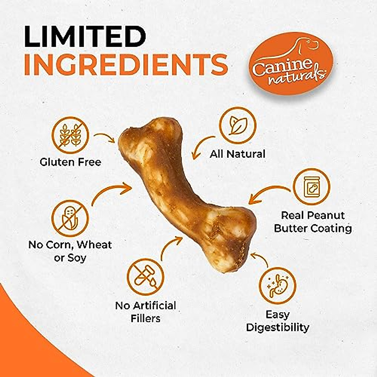 Canine Naturals IrresistiBONES Long Lasting Peanut Butter Chew - Made with Real Peanut Butter - All Natural and Easily Digestible - 6 Pack