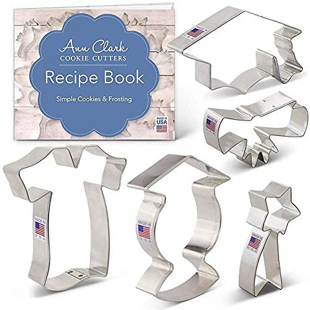 Graduation Cookie Cutter Set 5-pc with Graduation Cap, Gown, Diploma, Graduate, Shooting Star & Recipe Booklet Class of 2022 Graduation Cookie Cutters by Ann Clark