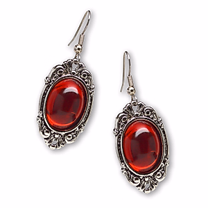 Gothic Blood Red Cabochon Dangle Earrings In Silver Finish Pewter Frame