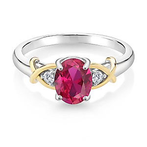 Gem Stone King 10K Yellow Gold and 925 Sterling Silver Red Created Ruby and White Lab Grown Diamond Ring For Women (1.43 Cttw, Oval 8X6MM, Available in Size 5,6,7,8,9)