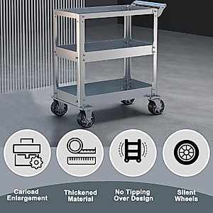 3-Tier Stainless Steel Utility Cart, 1100 lbs Heavy Duty Service Cart with Wheels, Rolling Tool Cart on Wheels, Work Cart for Mechanic, Garage, Workshop, Warehouse, 18.1" D x 30.7" W x 36.2" H