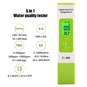 Aquarium Salinity Meter,C-100 5 in 1 Salinity TDS EC Seawater Tester Multifunction Water Quality Tester with Backlight