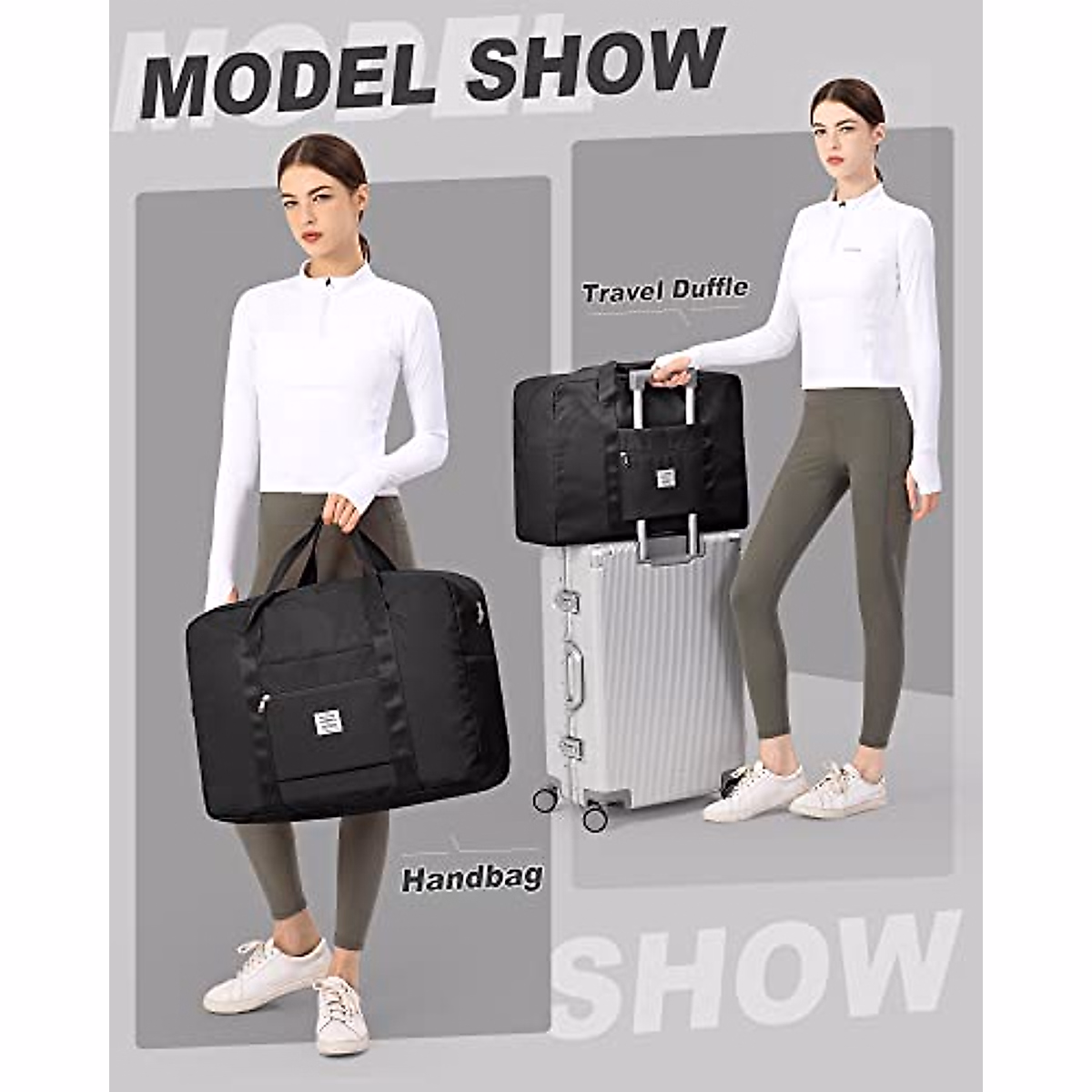 For Spirit Airlines Personal Item Bag 18x14x8 Travel Duffel Bags Tote Carry on Luggage Underseat Luggage Large Foldable Weekender Overnight Bag for Women Men with Trolley Sleeve Black