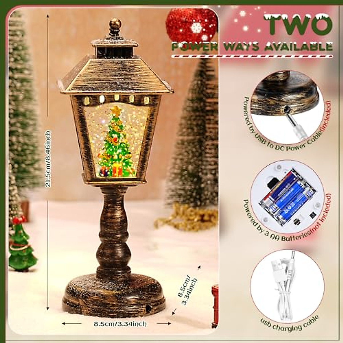 Christmas Musical Snow Globe Lantern Lighted Water Glittering Lantern with 8 Christmas Songs, USB & Battery Operated Musical Snow Globe Christmas Decoration Adults Kids (Christmas Tree)
