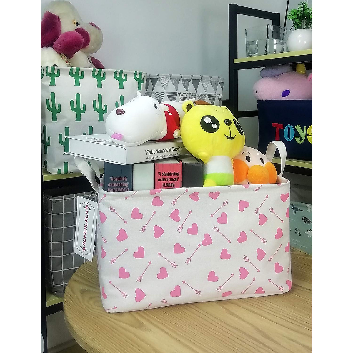 QUEENLALA Rectangular Laundry Hamper/Foldable Nursery Laundry Basket for Organizing/Storage Bin Baskets/Children Toy Office Bedroom/Toy Bin Closet Shelf Baskets（Rec-Pink-Heart Arrow）
