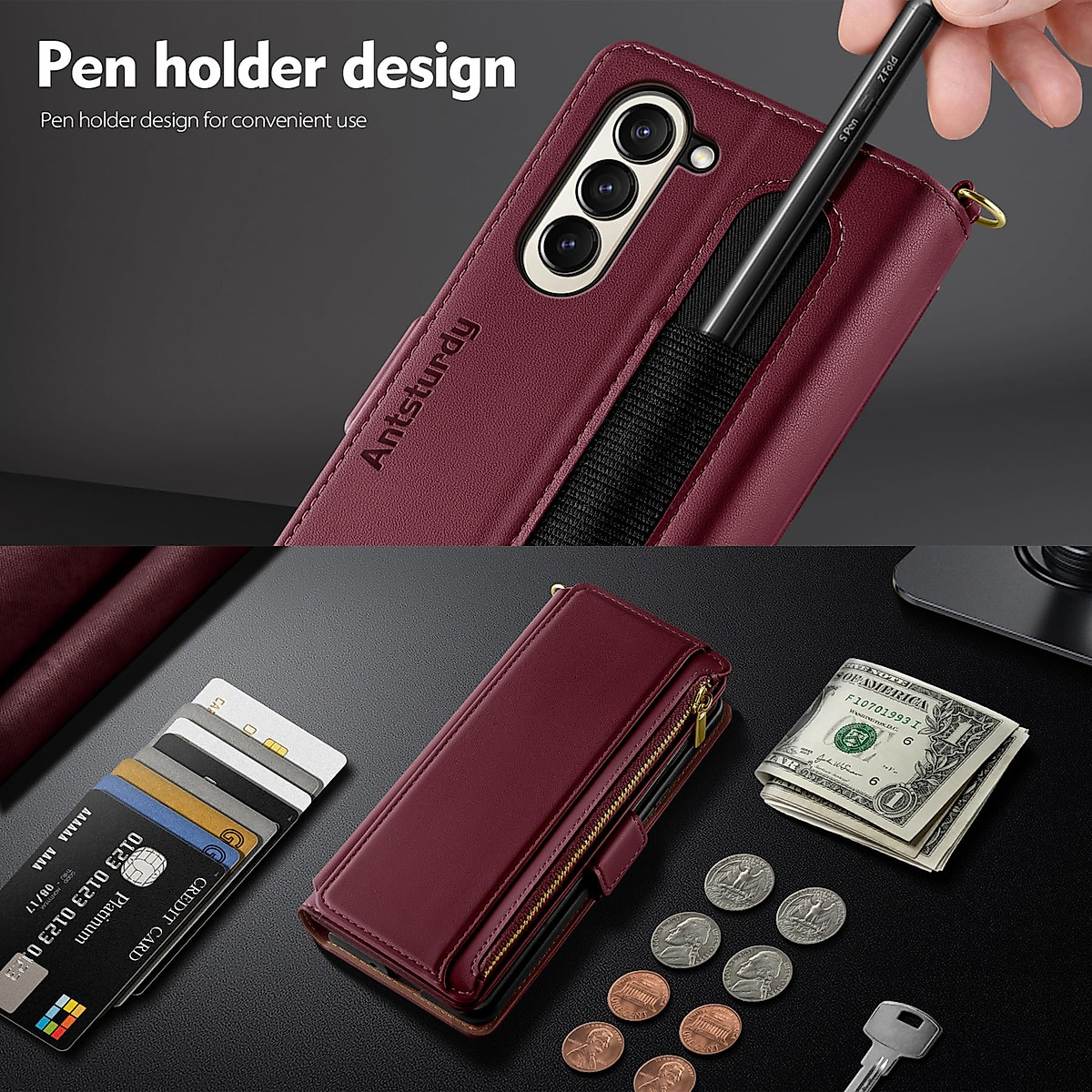 Antsturdy for Samsung Galaxy Z Fold 5 case Wallet Women with 【S Pen Holder】,Galaxy Z Fold5 Phone case with Card Holder Strap PU Leather RFID Blocking Flip Folio Cover Credit Card Slots Men,Wine Red