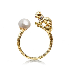 CCijiNG Christmas Pearl Ring for Women 14K Gold Plated Adjustable Open Wrap Ring Fashion Eternity Statement Jewelry for Christmas Gift（Cat Pearl）