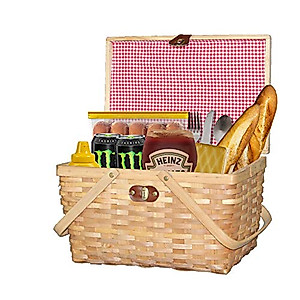 Vintiquewise.com Gingham Lined Woodchip Picnic Basket with Lid and Movable Handles