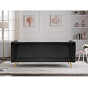 OUYESSIR Velvet Couch with Two Pillows and Gold Metal Feet, Modern Sofa for Living Room and Bedroom, 77 Inches, Black