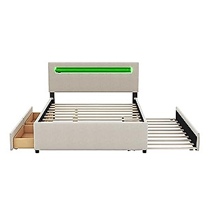 Merax Queen-Size Upholstered Storage Platform Bed with Twin Size Trundle, 2 Drawers, LED and USB Charging, Beige Wood Bed Frame