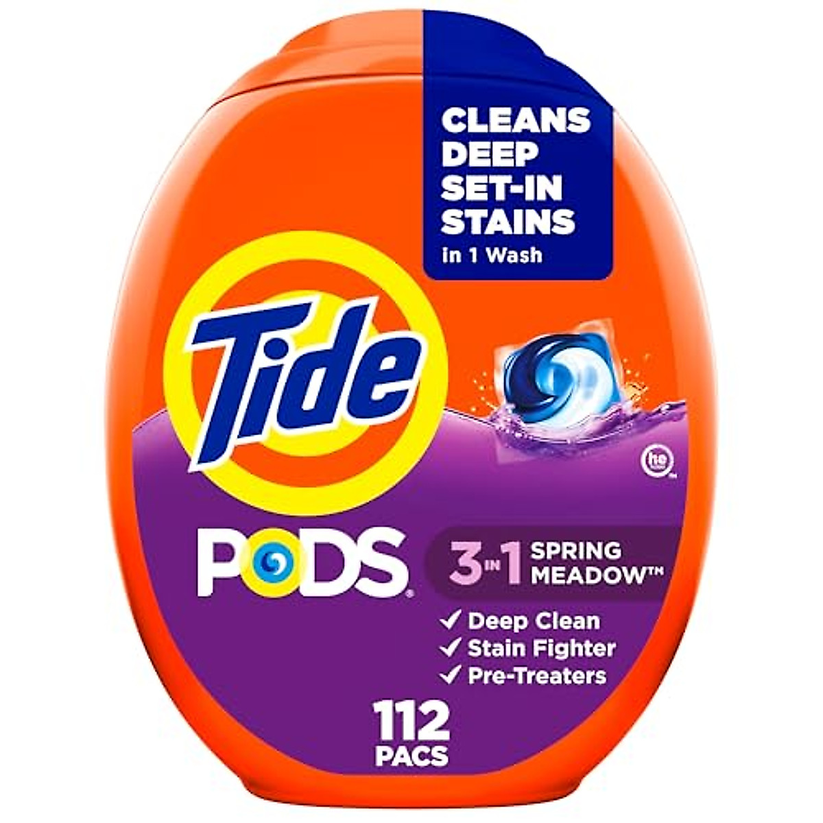 Tide PODS laundry detergent pacs, 3-in-1 Stain Remover, Odor Fighter, Color Protector, 112 Count, HE compatible, Spring Meadow Scent