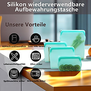 Kelina 4-Packs Reusable Silicone Storage Bag,Food Storage Container Set,Microwave and Dishwasher Safe,Leak-free,Aqua