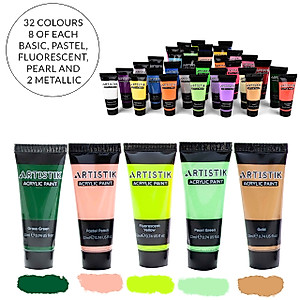 ARTISTIK Acrylic Paint Tube Set of 32-22ml Paint Tubes with 3 Brushes for Adults, Kids and Artists - Non-Toxic Artist Quality Paints for Canvas Painting, Wood Crafts, Ceramic and Art Supplies