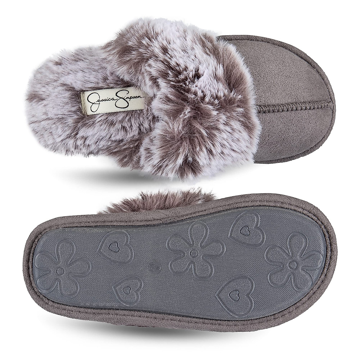 Jessica Simpson Girls Comfy Slippers - Cute Faux Fur Slip-On Shoes Memory Foam House Slipper, Grey, X-Large Little Kid