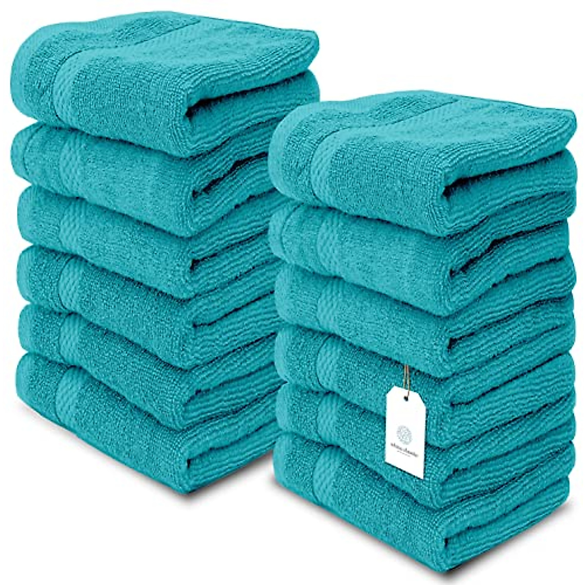 White Classic Luxury Cotton Washcloths | 12 Pack Luxury Bath Mat | 2 Pack Bundle (Aqua)