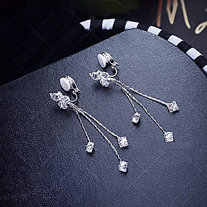 YOQUCOL Women Cubic Zirconia Crystal Long Drop Dangle Clip On Earrings For Not Pierced Women