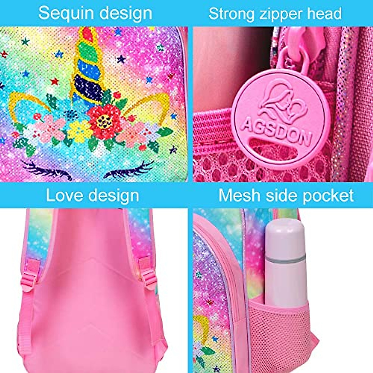 CCJPX 3PCS Unicorn Backpack for Girls, 16” Kids Sequin Bookbag and Lunch Box for Kindergarten Elementary