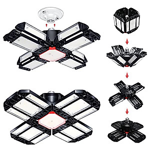 Garage Lights Ceiling Led 2 Pack Plug in Shop Ligthts,180W 18000 LM 6500K Garage Lights Ceiling LED,12 Leaf Deformable Multi-Position Panels Garage Lights E26 E27 Base,for Barn,Workshop,Basement