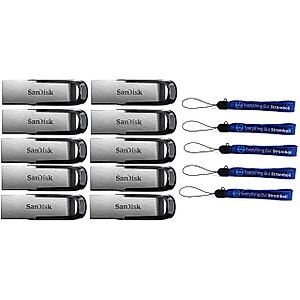 SanDisk 128GB Ultra Flair USB 3.0 Flash Drive (10 Pack) High Speed Memory Pen Drive (SDCZ73-128G-G46) Bundle with 5 Everything But Stromboli Lanyards