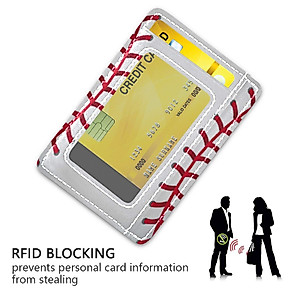 Nincrane Linomo Thin Leather Card Holder and Money Clip Baseball Print Sport Ball Wallet RFID Blocking for Men & Women