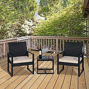 ABCCANOPY 3 Pieces Patio Furniture Sets,Rattan Chair Wicker Conversation Sets,Two Rattan Chairs with Glass Coffee Table,Garden Balcony Backyard Poolside (Black)