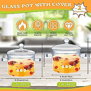 2 Pcs Glass Pots for Cooking on Stove Set Glass Saucepan with Cover Heat Resistant Clear Pots and Pans Set Stovetop Glass Cookware Simmer Pot with Lid for Soup Milk (1.5 L, 1.9 L,Trendy Style)