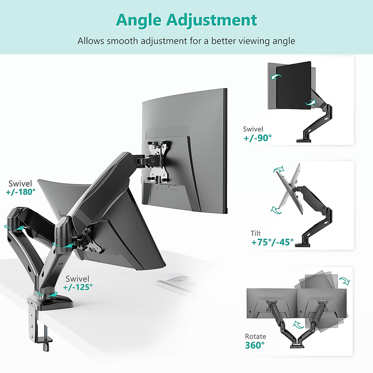 WALI Dual Monitor Stand Arms Mounts, for 2 Monitors, Fully Adjustable Gas Spring Desk Mount Swivel Mounting Holes Bracket with C Clamp, Grommet Base for Display Up to 32 Inch,19.8lbs. (GSMP002), Black