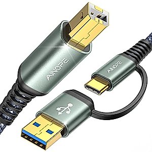 AINOPE Printer Cable, [2-in-1] USB Printer Cable High-Speed [Plug and Play] Nylon Braided [Never Rupture] USB B to USB C Printer Cord for MacBook Pro/Air, HP Canon Dell Epson Brother