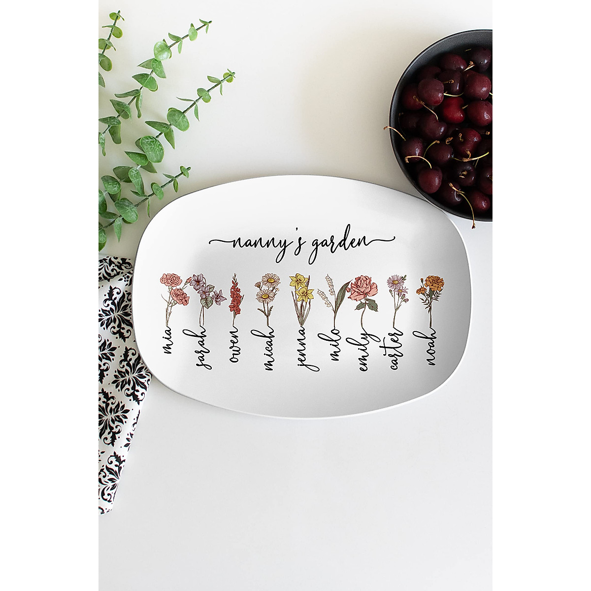 The Pine Trove Birth Flower Personalized Platter for Nanny for Mother's Day, Christmas, Birthday (10x14 inch, ThermoSāf® Polymer Platter)