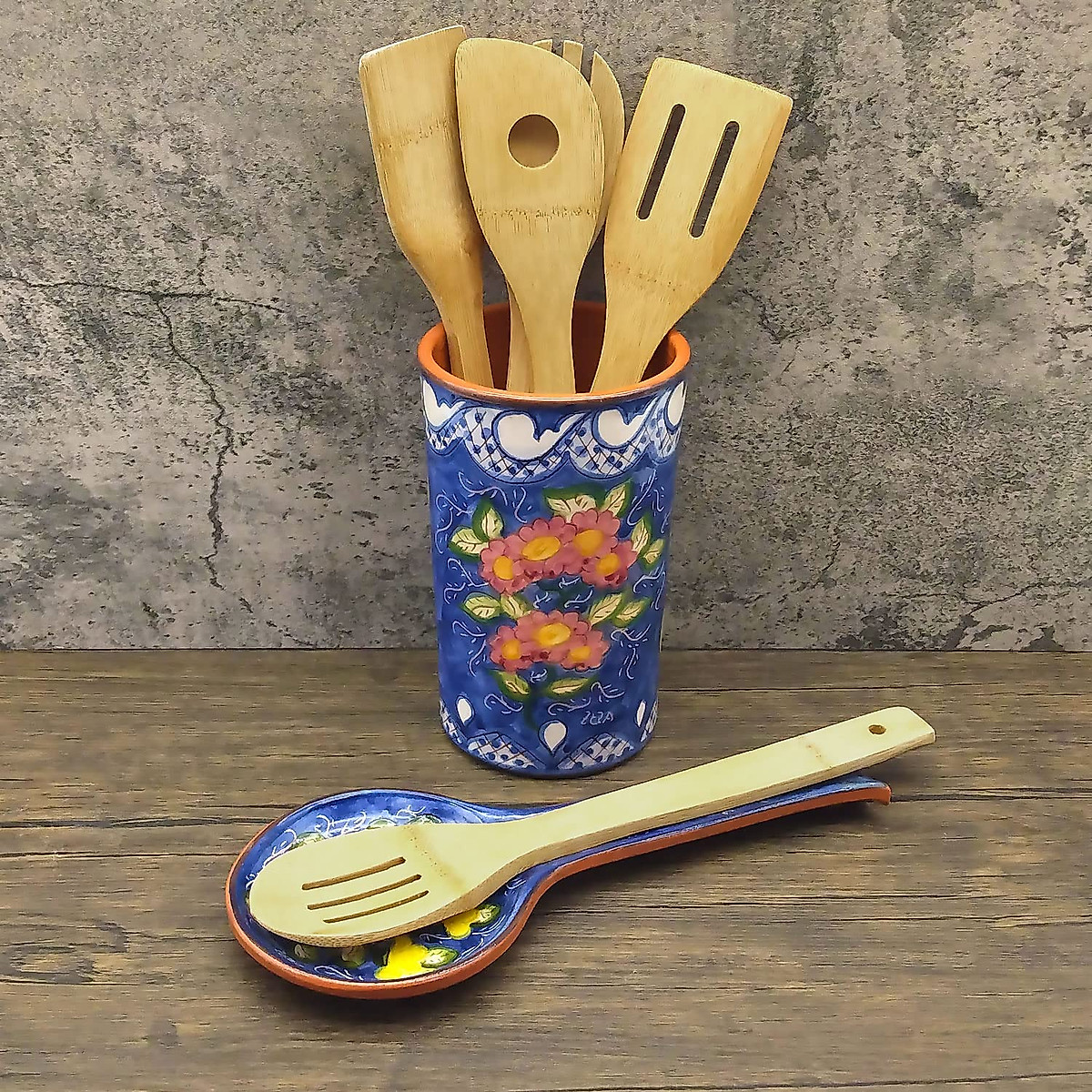 Handmade Hand Painted Portuguese Pottery Ceramic Spoon Rest (Floral), 11'' x 4.75'' x 0.5'' inches